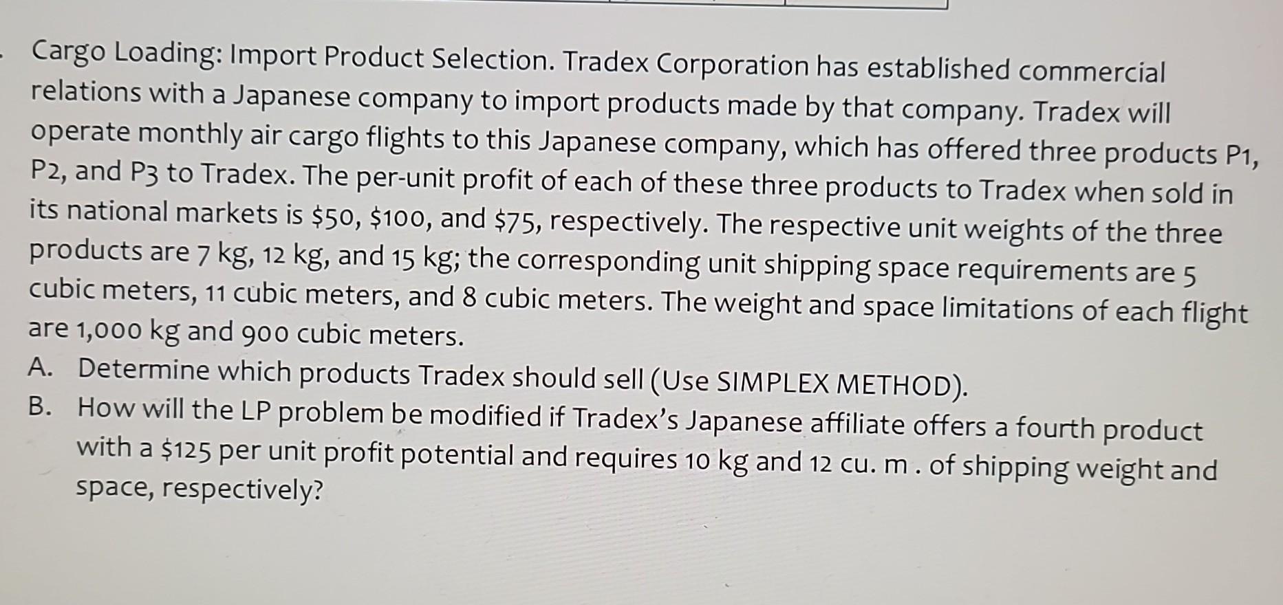 Solved Cargo Loading: Import Product Selection. Tradex | Chegg.com