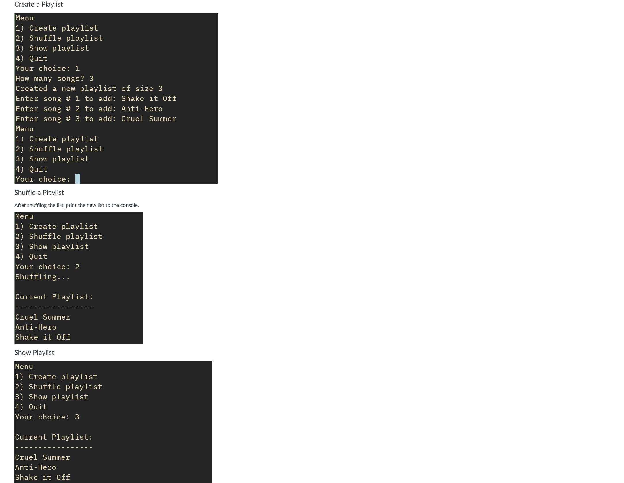 Solved Create a PlaylistMenuCreate playlistShuffle | Chegg.com