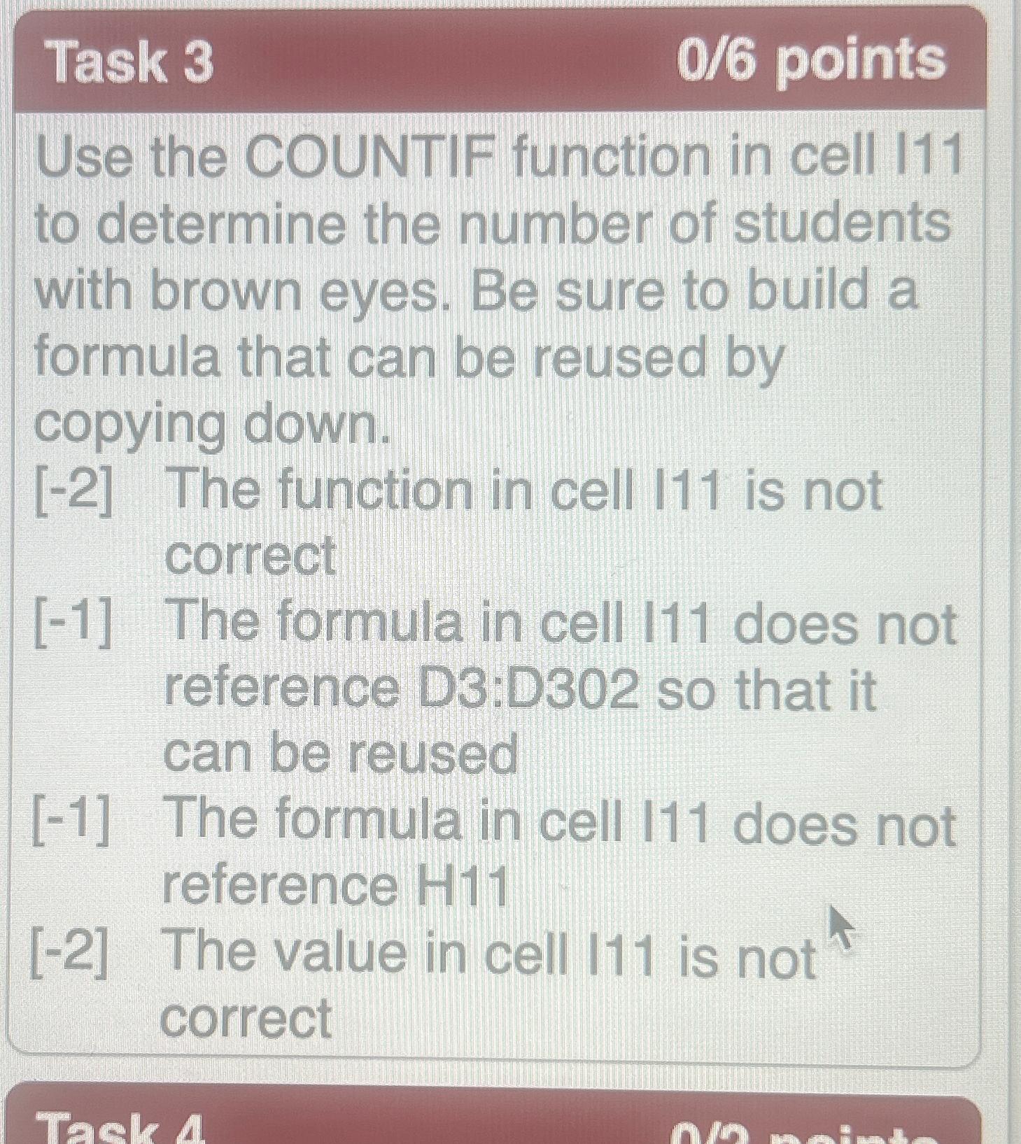 Solved Task 30/6 ﻿pointsUse the COUNTIF function in cell I11 | Chegg.com