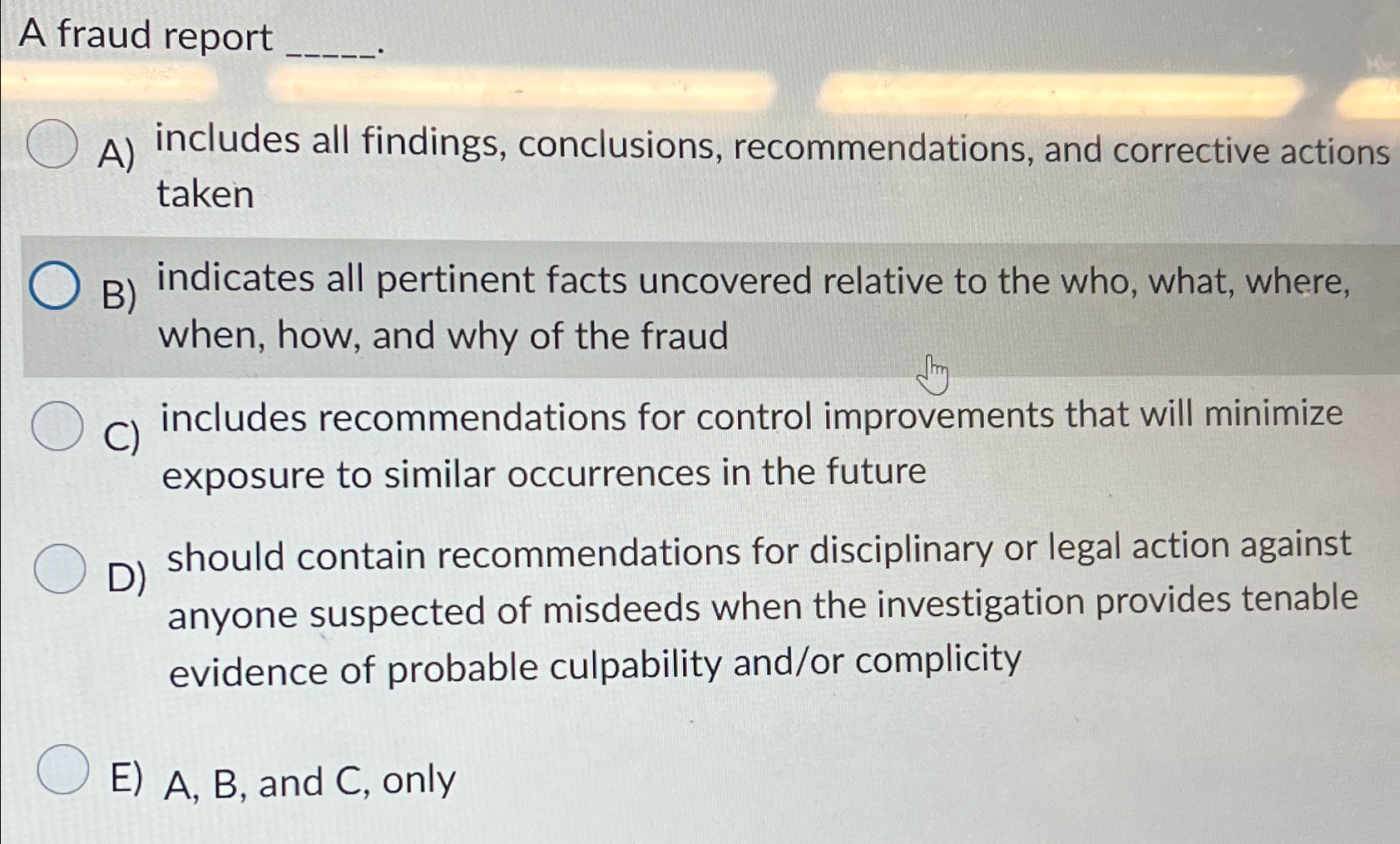 Solved A fraud reportA) ﻿includes all findings, conclusions, | Chegg.com