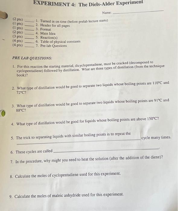 Solved EXPERIMENT 4: The Diels-Alder Experiment Name: (2 | Chegg.com
