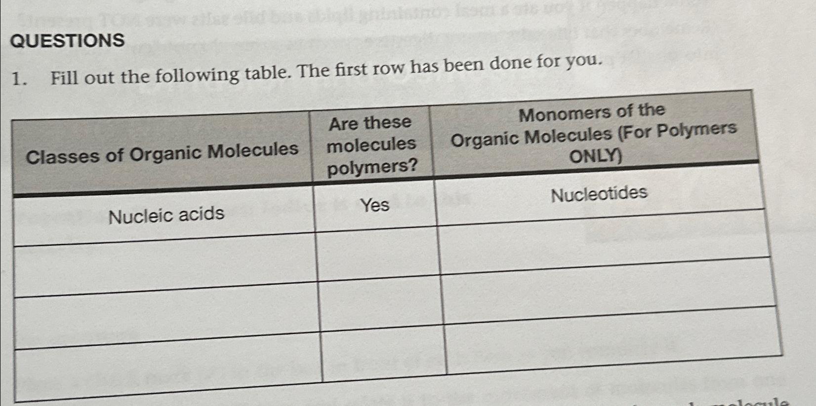 Solved QUESTIONSFill out the following table. The first row | Chegg.com