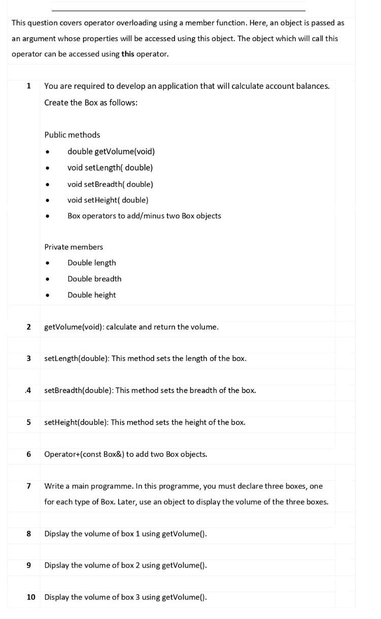 Solved This question covers operator overloading using a | Chegg.com