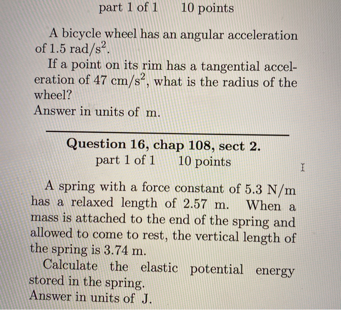 Solved part 1 of 1 10 points A bicycle wheel has an angular | Chegg.com