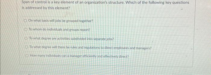 Solved Span of control is a key element of an organization's | Chegg.com