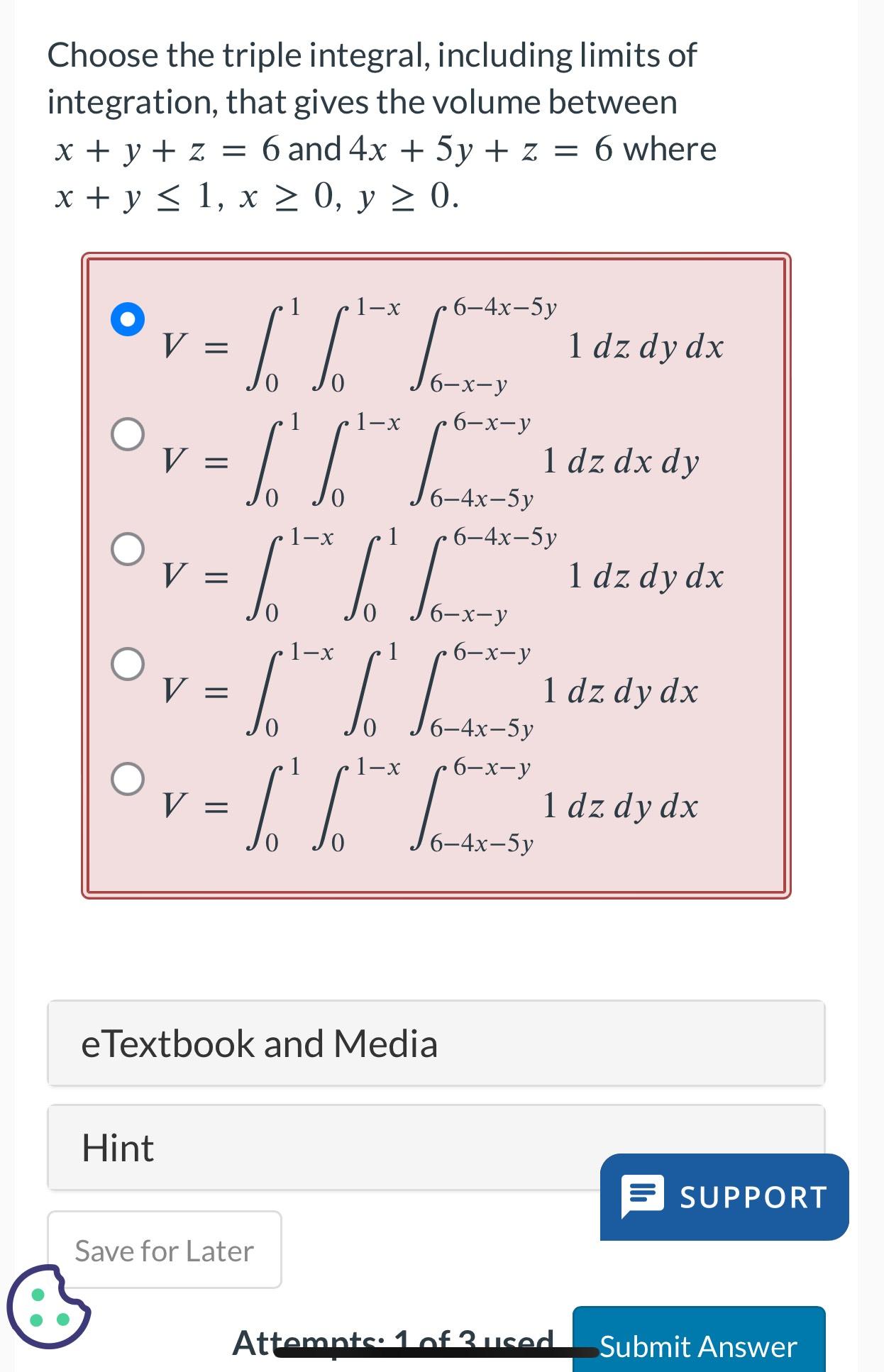 Solved Choose the triple integral, including limits of | Chegg.com