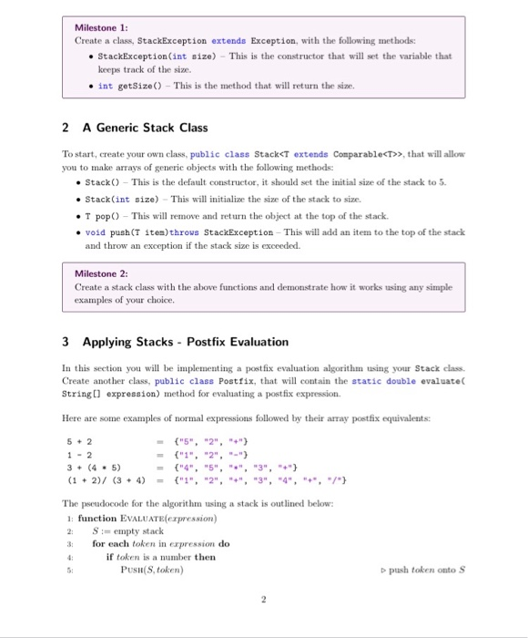 Solved Milestone 1: Create a class, StackException extends | Chegg.com