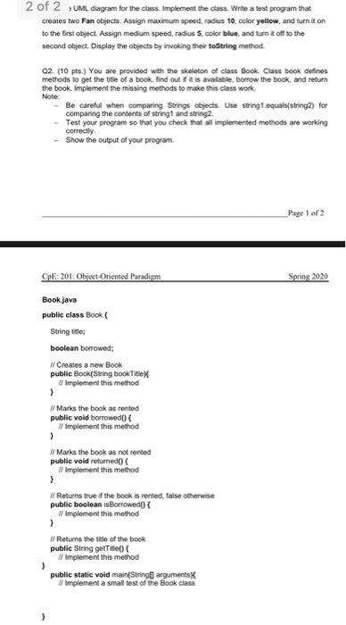 Solved 2 of 2 UML diagram for the class. Implement the | Chegg.com