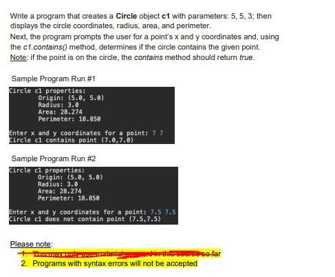 Solved Instructions: Define the Circle class that contains: | Chegg.com