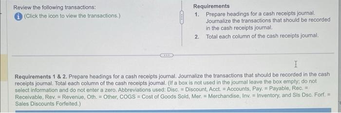 Solved prepare headings for a cash receipts journal | Chegg.com