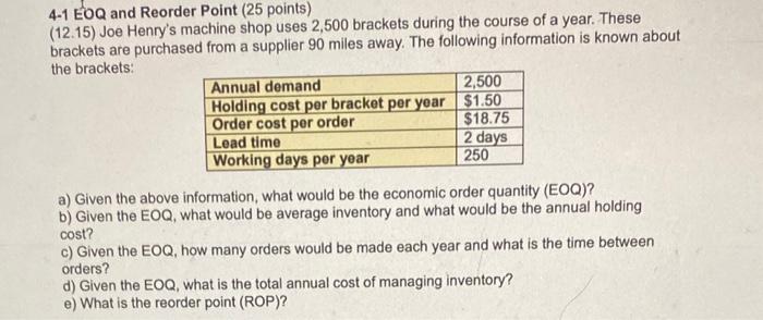 Solved 4-1 EOQ and Reorder Point (25 points) (12.15) Joe | Chegg.com