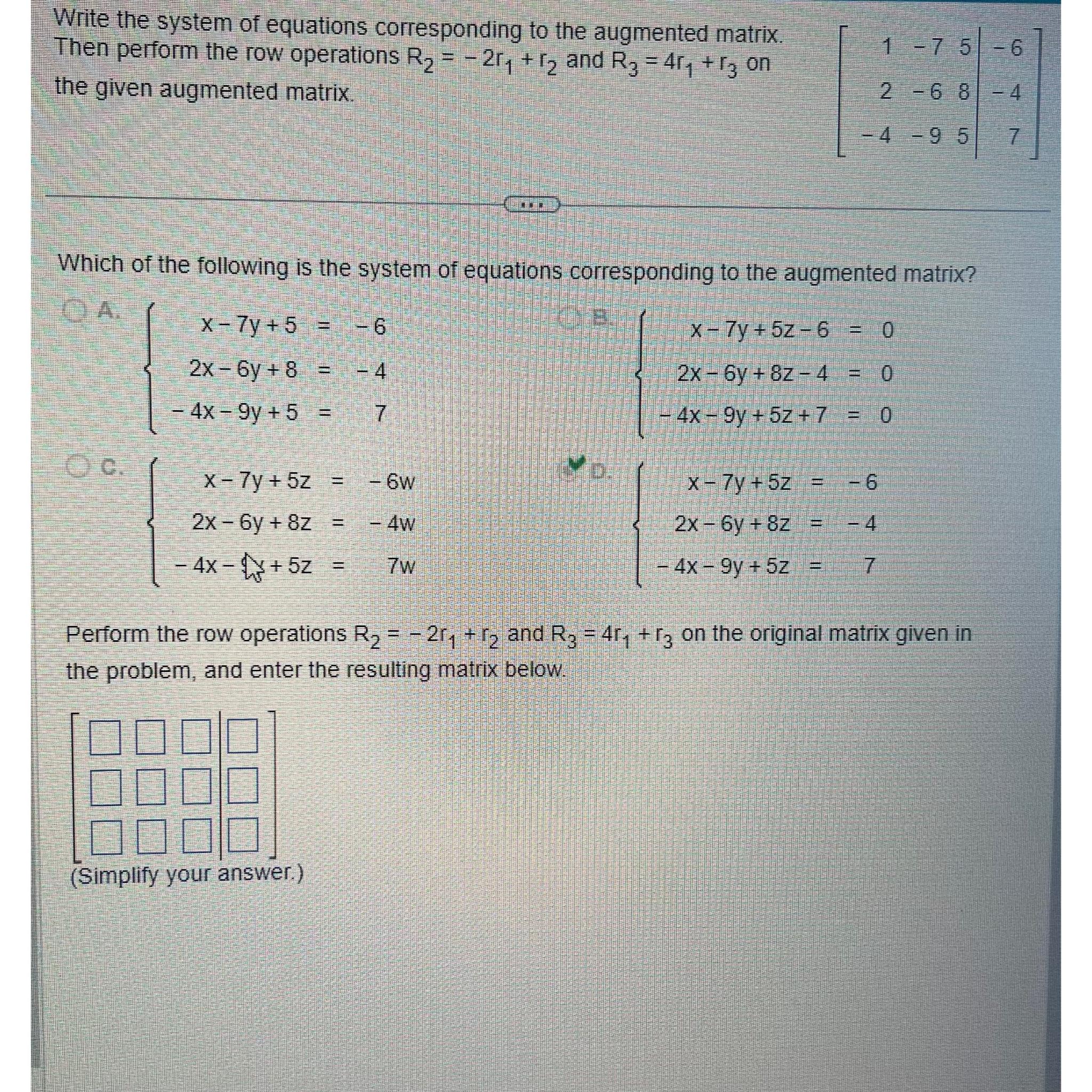 Solved Write the system of equations corresponding to the | Chegg.com
