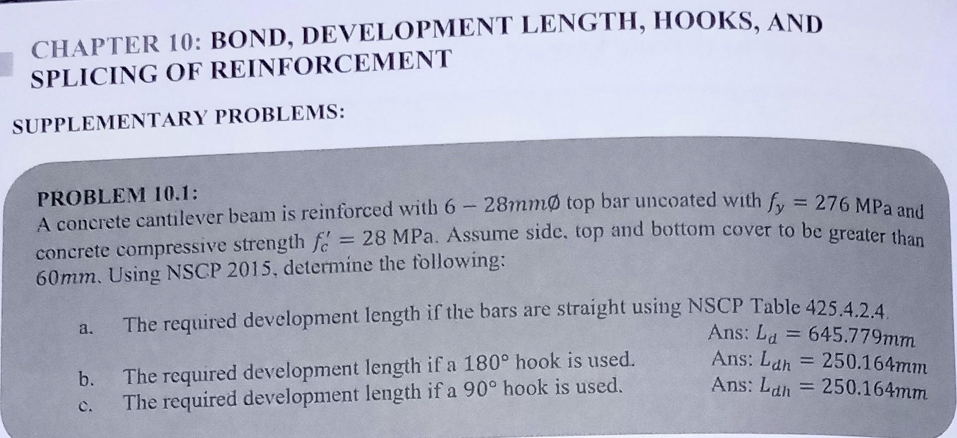 CHAPTER 10: BOND, DEVELOPMENT LENGTH, HOOKS, AND | Chegg.com