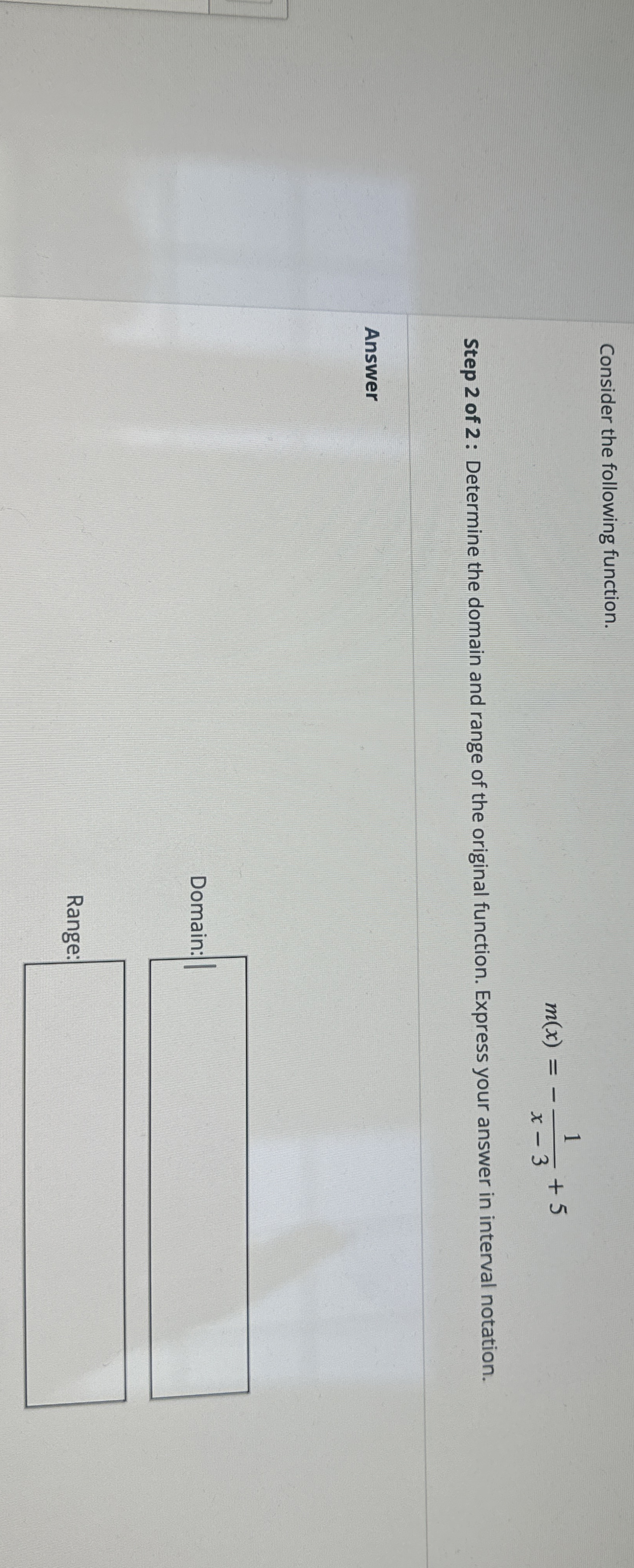 Solved Consider the following function.m(x)=-1x-3+5Step 2 | Chegg.com