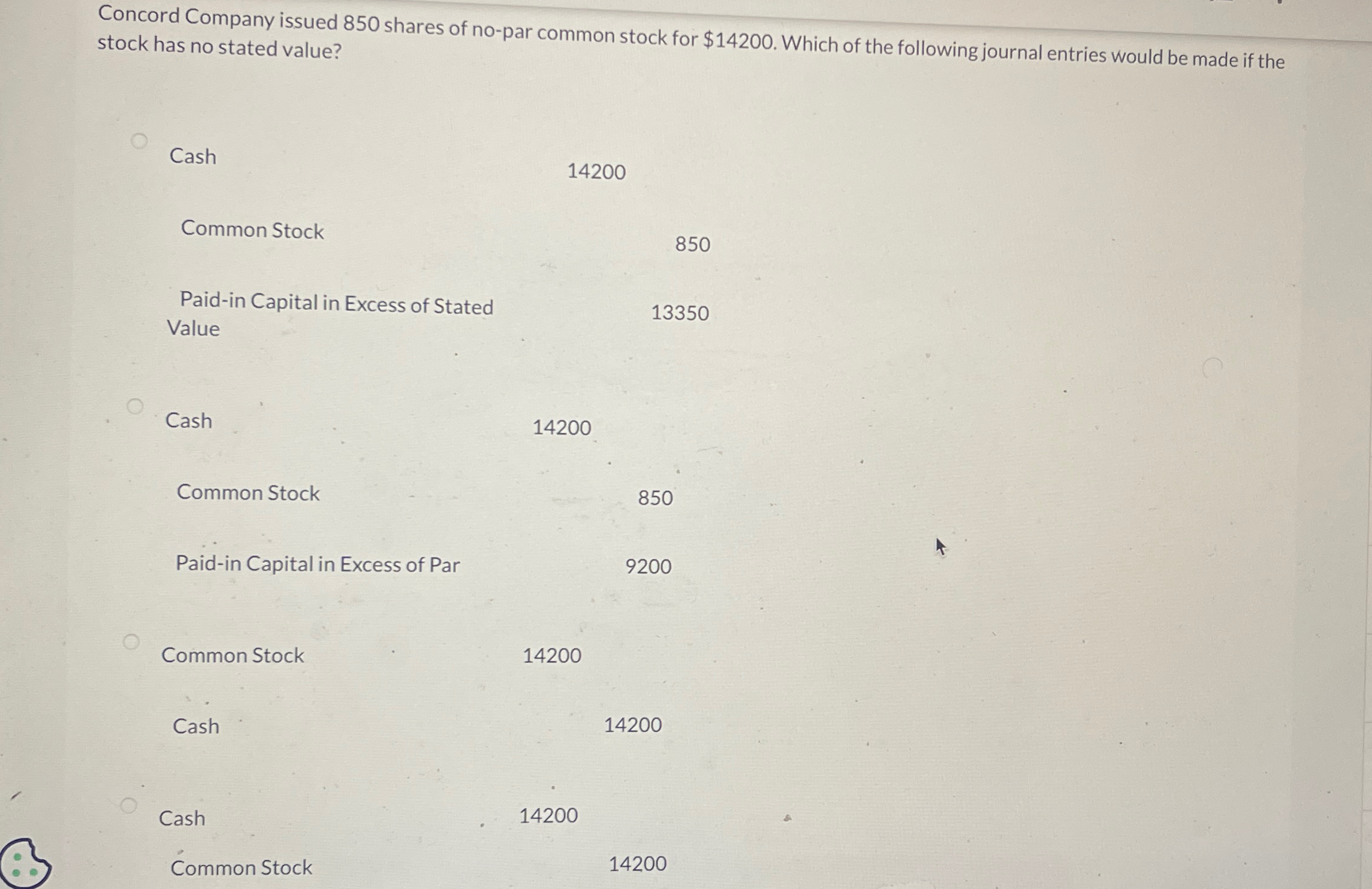 Solved Concord Company issued 850 ﻿shares of no-par common | Chegg.com
