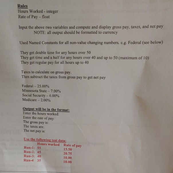 Solved Rules Hours Worked - integer Rate of Pay - float | Chegg.com