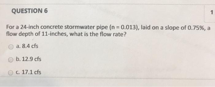 Solved QUESTION 6 For a 24-inch concrete stormwater pipe (n | Chegg.com
