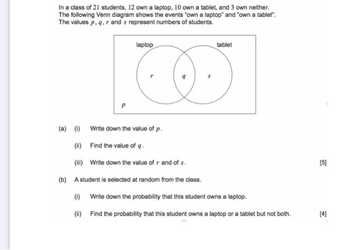 Solved In a class of 21 students, 12 own a laptop, 10 own a | Chegg.com
