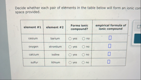 Solved Decide whether each pair of elements in the table | Chegg.com