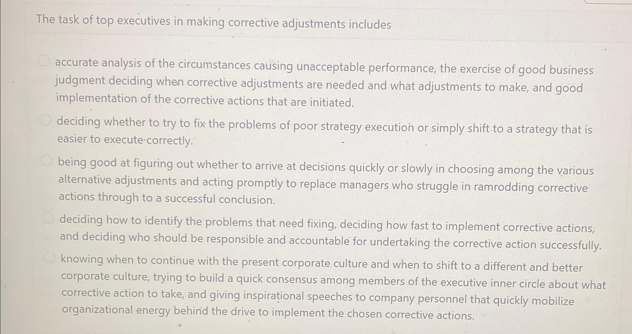 Solved The task of top executives in making corrective | Chegg.com