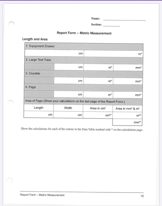 Solved Name: Section: Report Form - Metric Measurement | Chegg.com