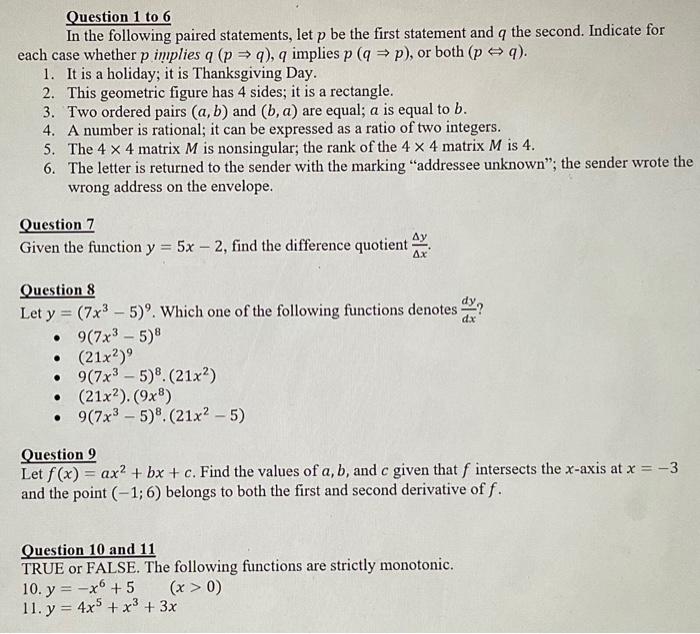 Solved Question 1 to 6 In the following paired statements, | Chegg.com
