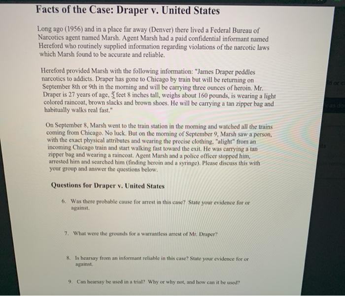 Solved Facts of the Case: Draper v. United States Long ago | Chegg.com