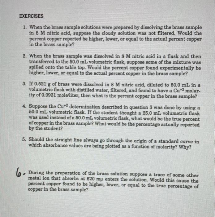 Solved EXERCISES 1. When the brass sample solutions were | Chegg.com