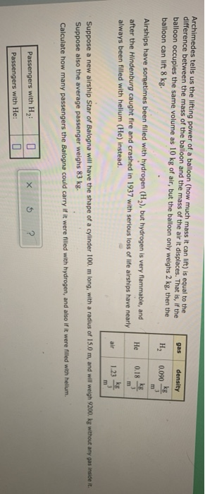 Solved Archimedes tells us the lifting power of a balloon | Chegg.com