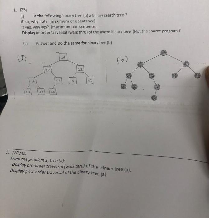Solved 1. (25) (0) Is the following binary tree (a) a binary | Chegg.com