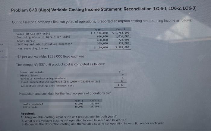 Solved Problem 6-19 (Algo) Variable Costing Income | Chegg.com