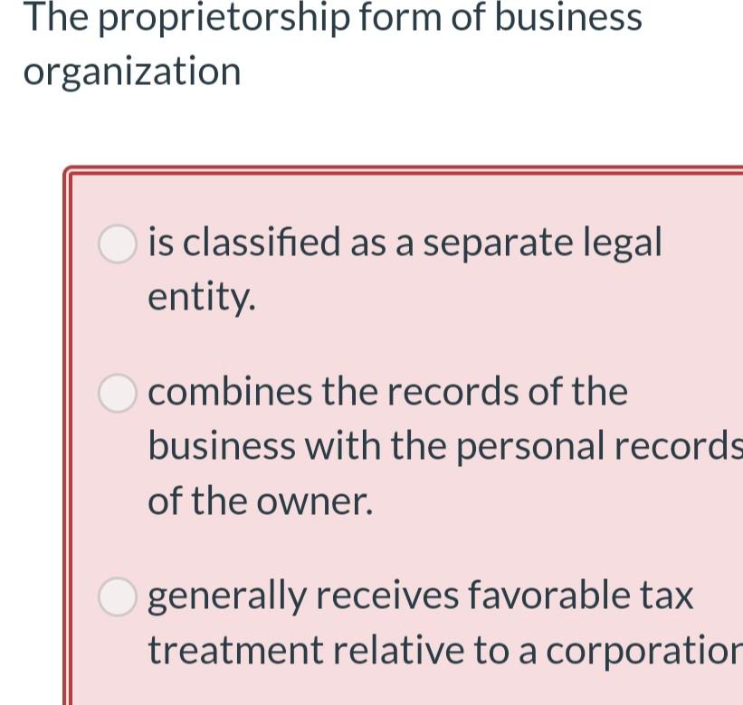 Solved The proprietorship form of business organization is | Chegg.com