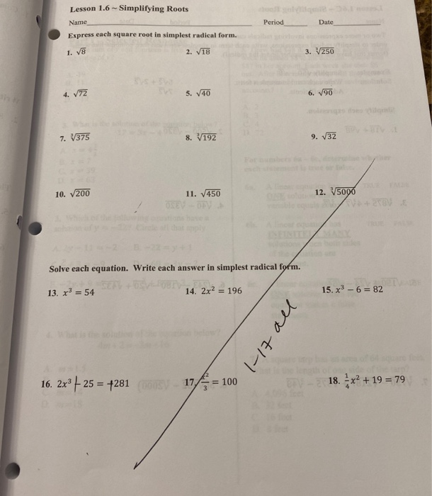 Solved Lesson 1.6 - Simplifying Roots Name Period Date | Chegg.com