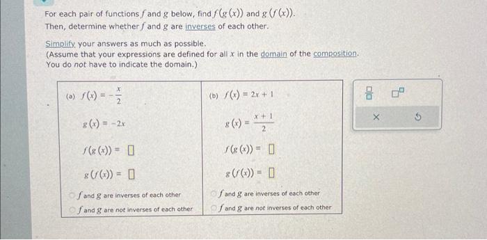 Solved For each pair of functions f and g below, find | Chegg.com