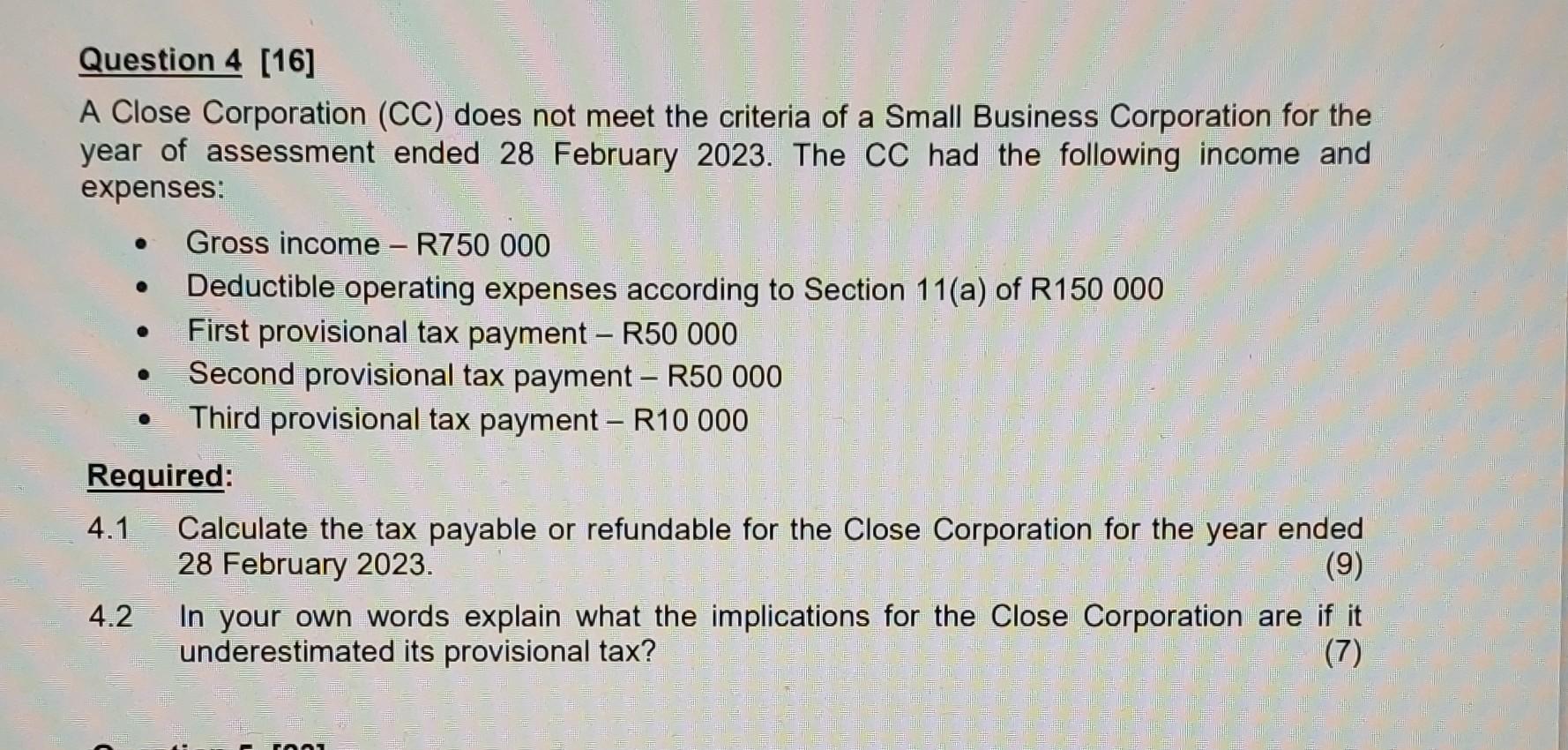 A Close Corporation (CC) does not meet the criteria | Chegg.com