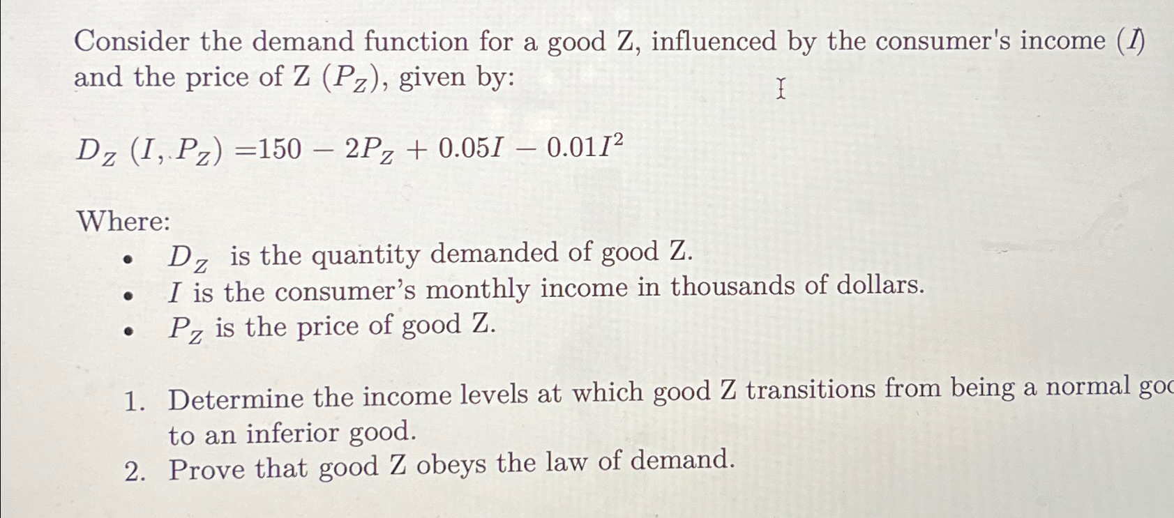 Solved Consider the demand function for a good Z, | Chegg.com