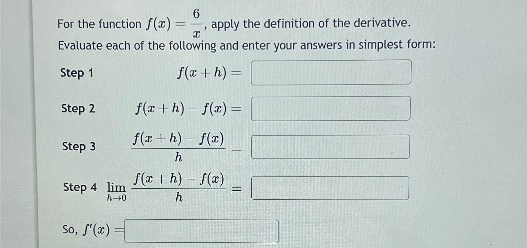 Solved For the function f(x)=6x, ﻿apply the definition of | Chegg.com