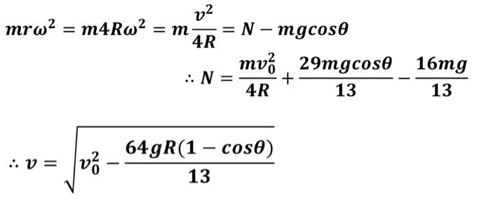 Solved mrω2=m4Rω2=m4Rv2=N−mgcosθ∴N=4Rmv02+1329mgcosθ−1316mg∴ | Chegg.com