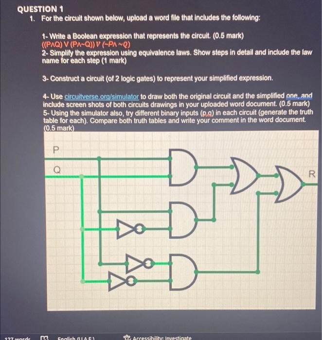 Solved ESTION 1 1. For the circuit shown below, upload a | Chegg.com