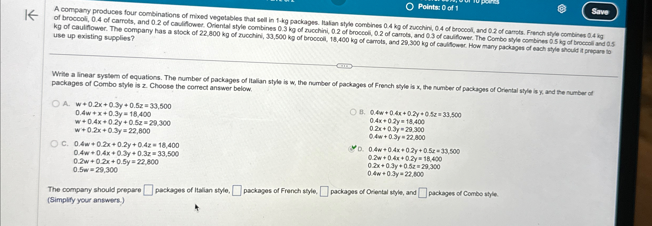 Solved Points: 0 ﻿of 1A company produces four combinations | Chegg.com
