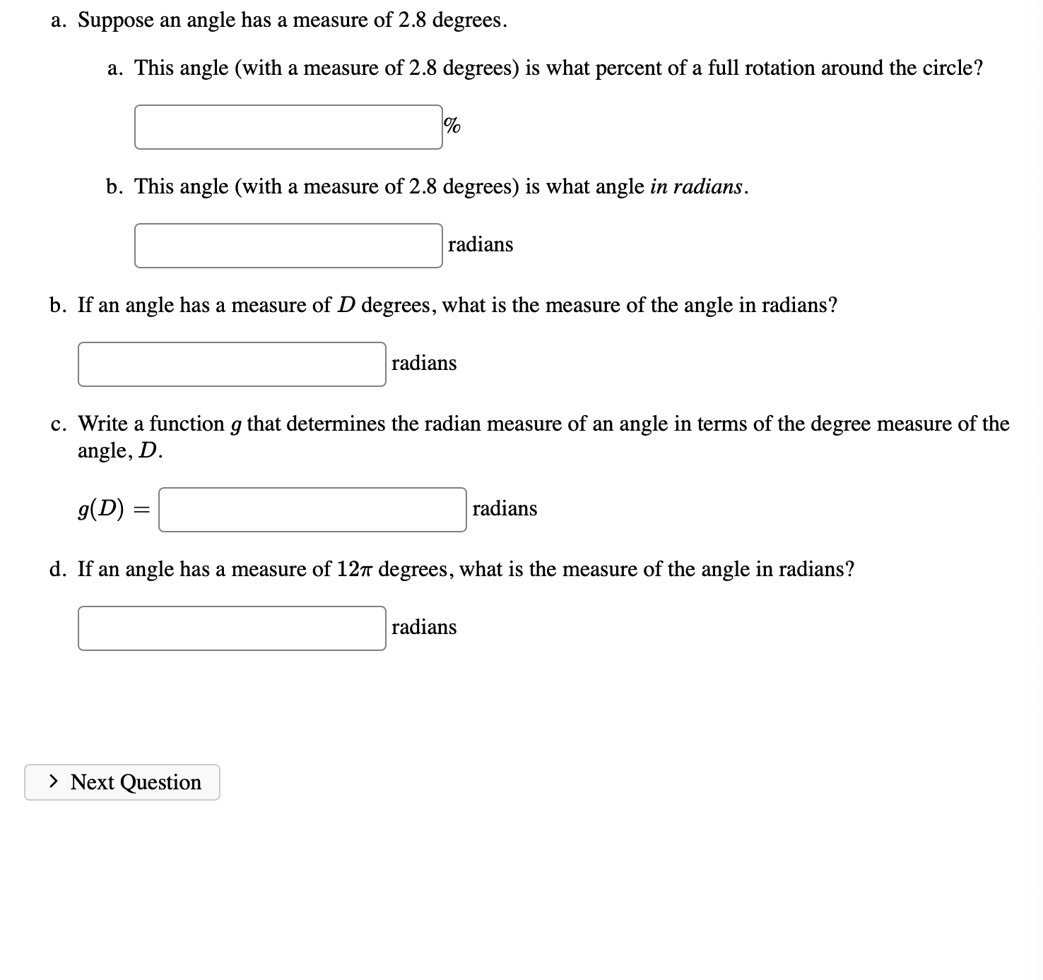 Solved a. ﻿Suppose an angle has a measure of 2.8 ﻿degrees.a. | Chegg.com