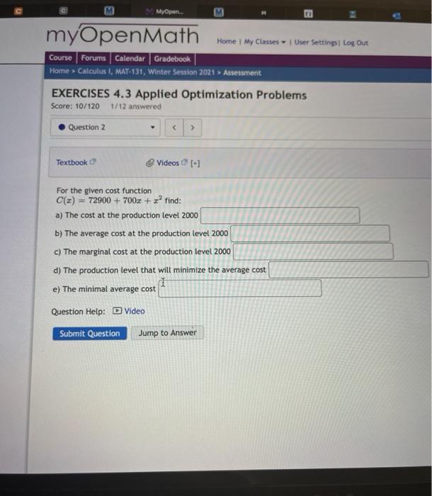 Solved MyOpen M myOpenMath Home | My Classes - User Settings | Chegg.com