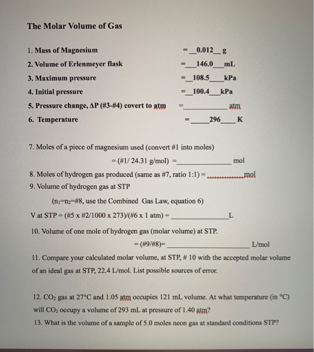 Solved The Molar Volume of Gas 1. Mass of Magnesium 2. | Chegg.com