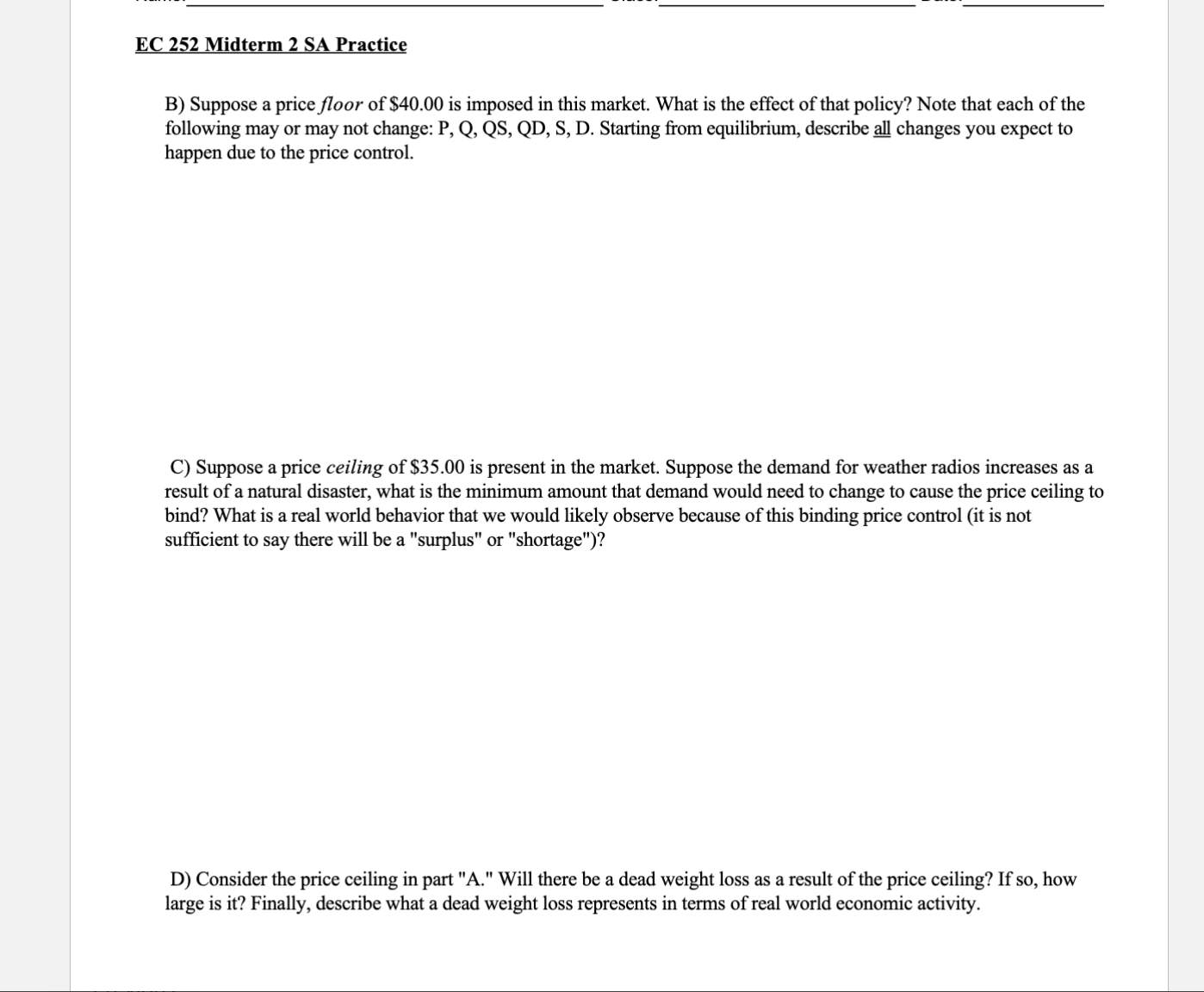 EC 252 ﻿Midterm 2 ﻿SA PracticeB) ﻿Suppose a price | Chegg.com