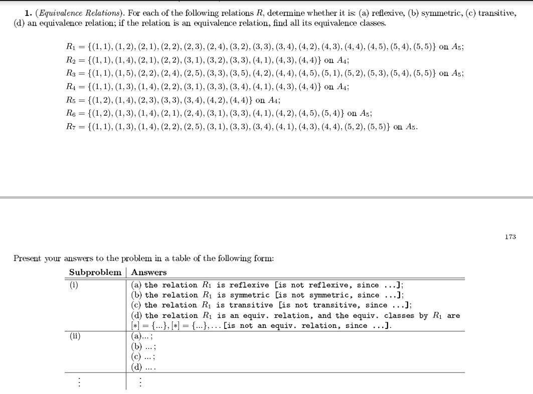 Solved 1. (Equivalence Relations). For each of the following | Chegg.com