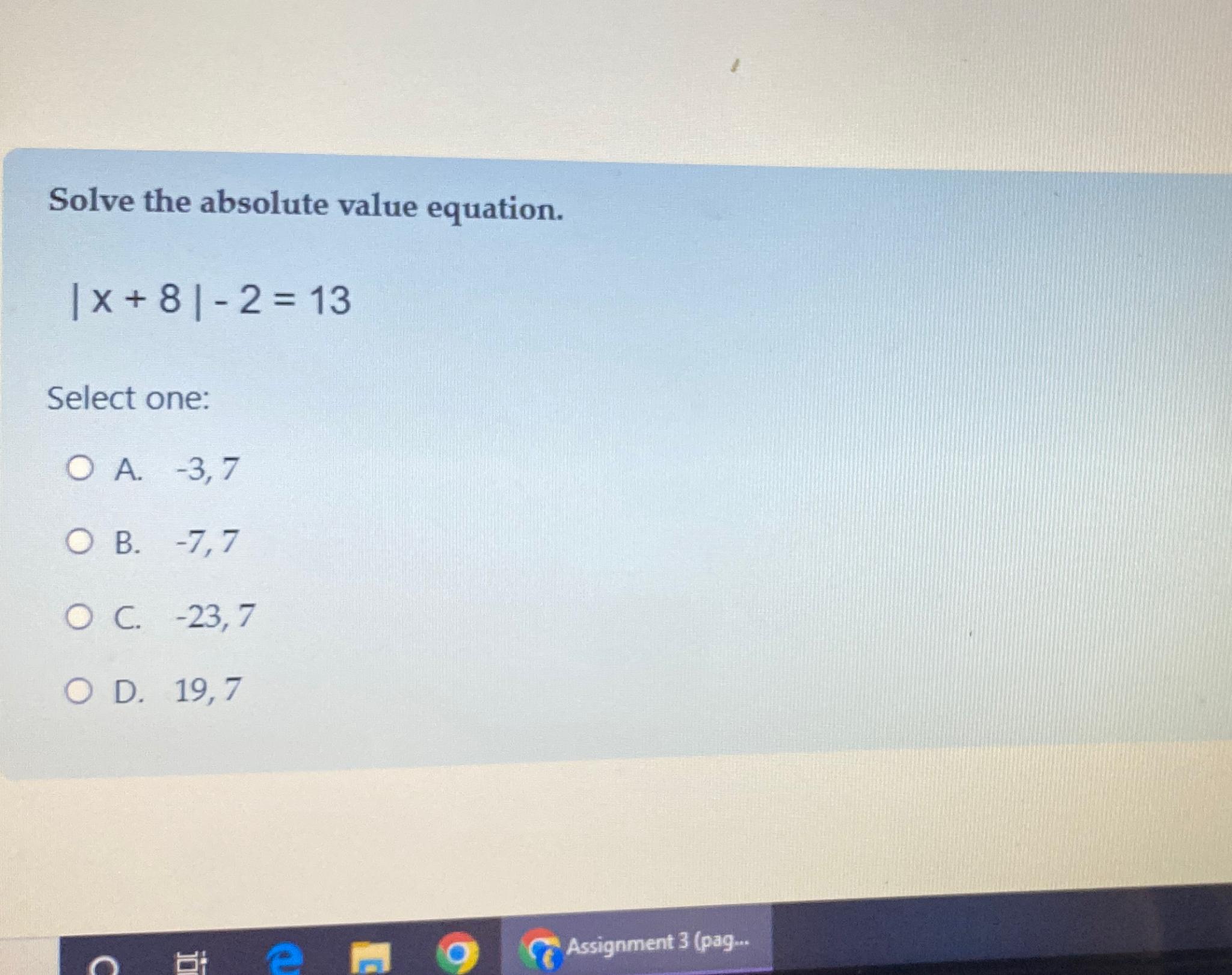 Solved Solve the absolute value equation.|x+8|-2=13Select | Chegg.com