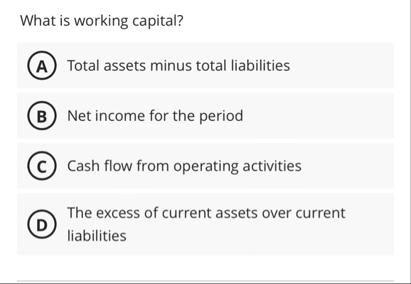 Solved What is working capital?Total assets minus total | Chegg.com