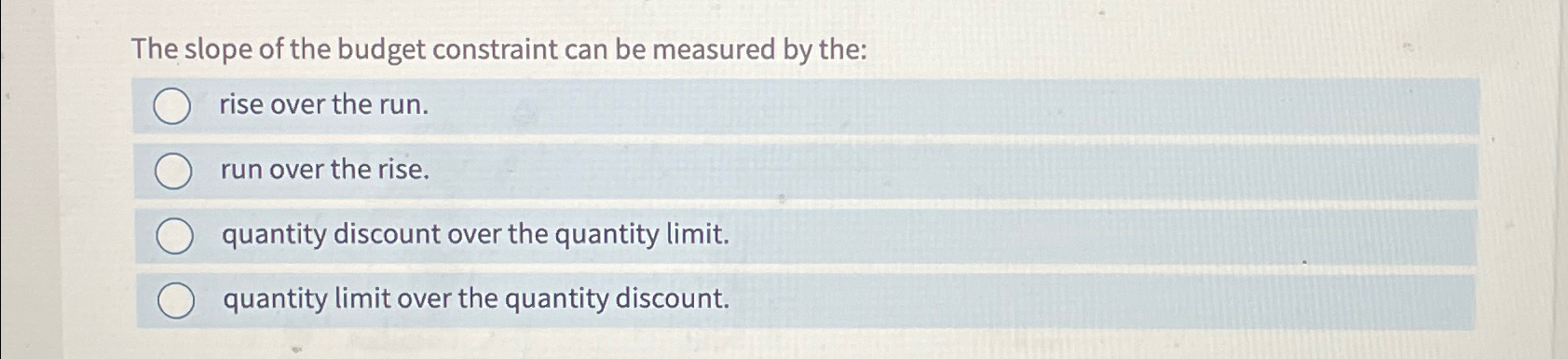 Solved The slope of the budget constraint can be measured by | Chegg.com