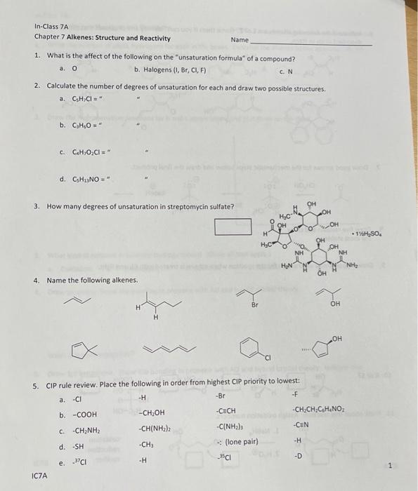 Solved In-Class 7A Chapter 7 Alkenes: Structure and | Chegg.com