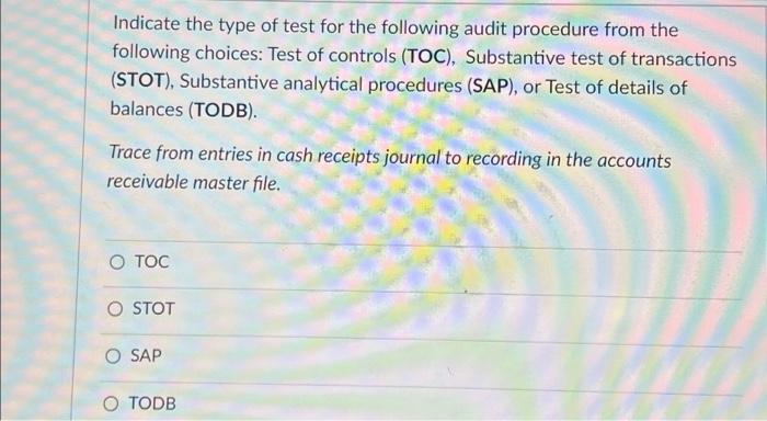 Solved Indicate the type of test for the following audit | Chegg.com